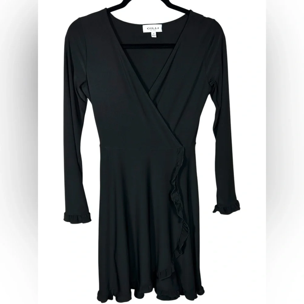 Gilli | Dresses | Gilli Black V Neck Faux Wrap Ruffle Balletcore Stitch ...
